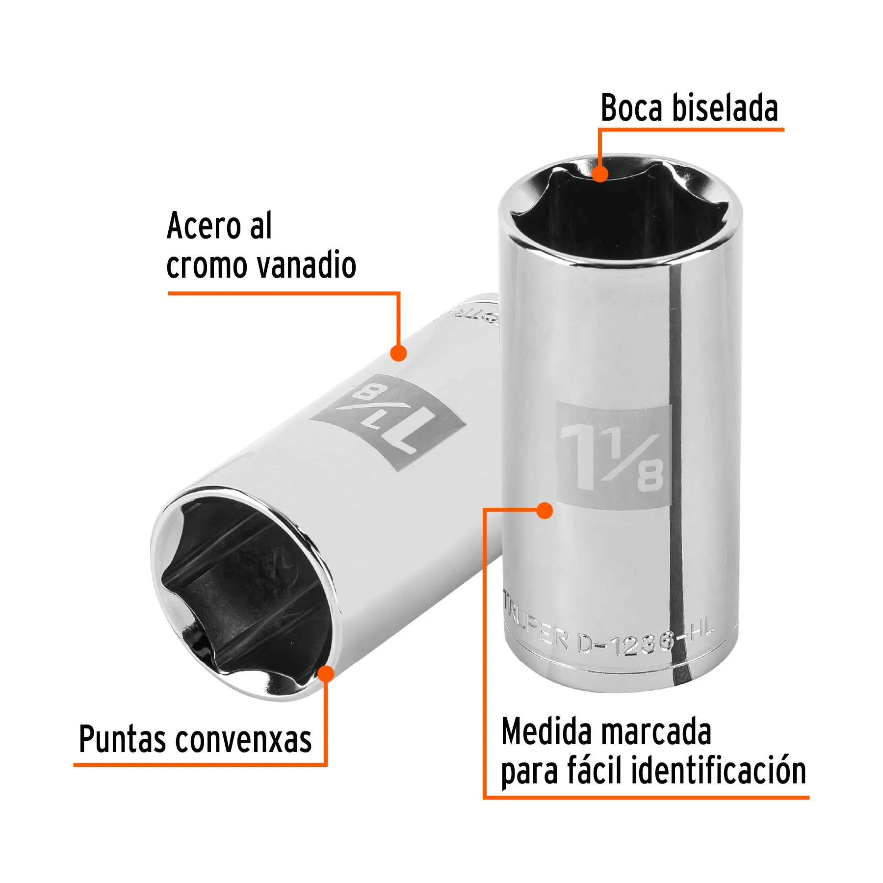 Dado largo de 1-1/8', 6 puntas, cuadro 1/2', Truper