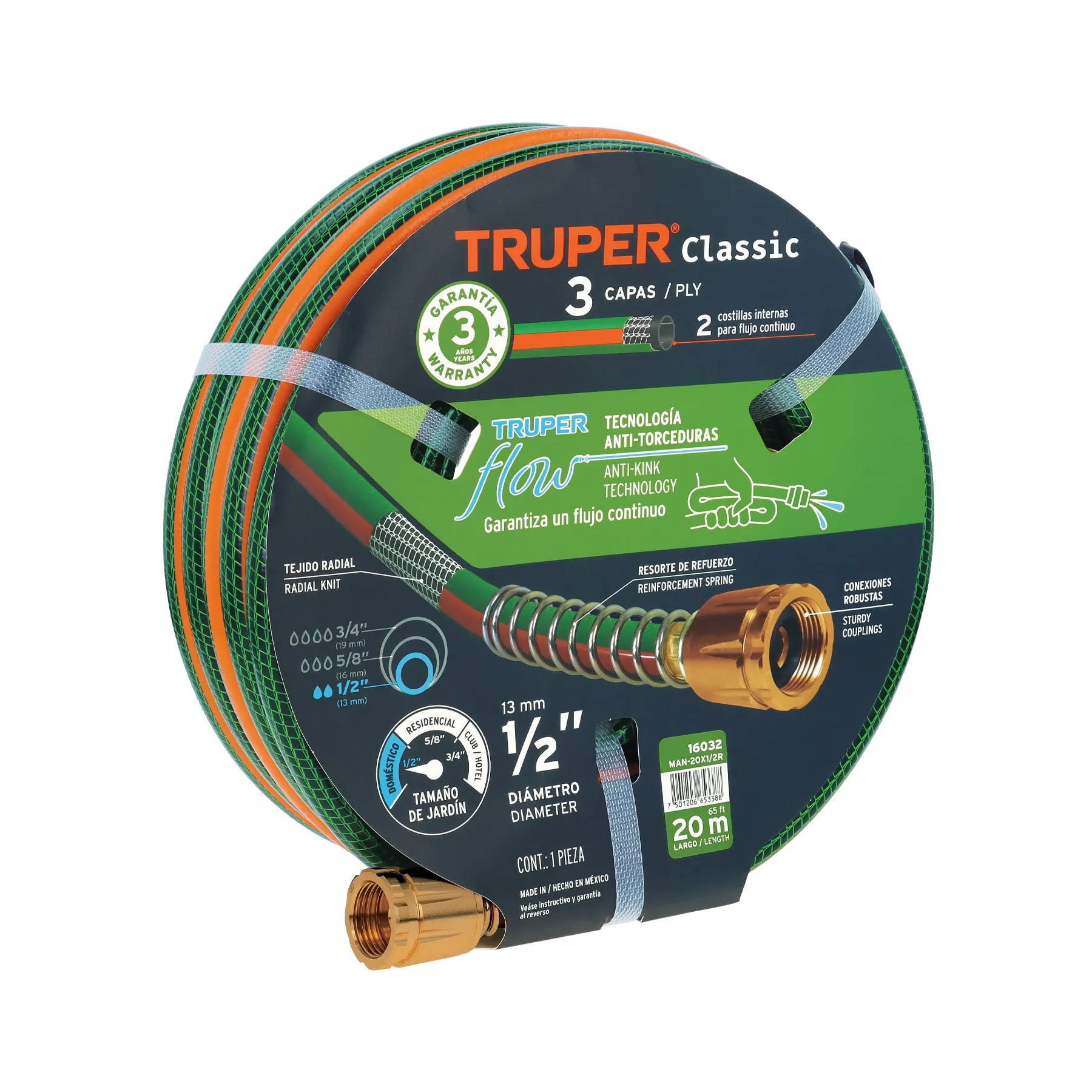 Manguera 1/2' reforzada 3 capas 20 m conexiones de metal