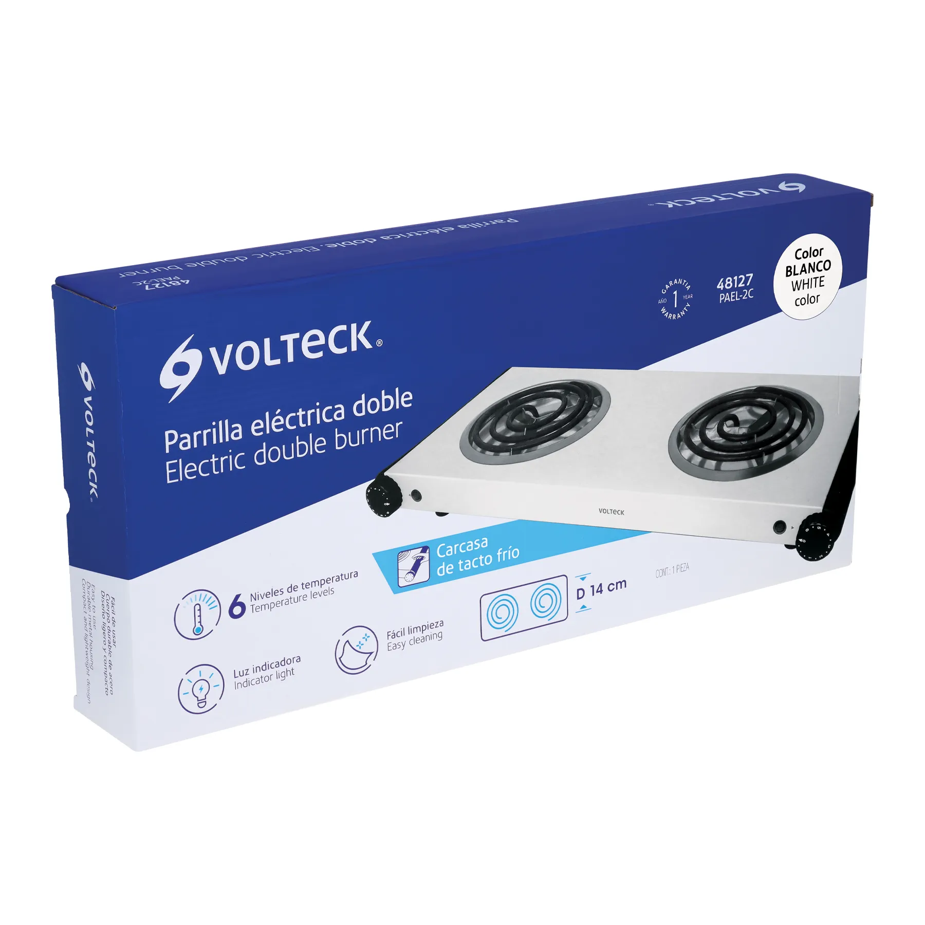 Parrilla eléctrica de doble resistencia, blanca, Volteck